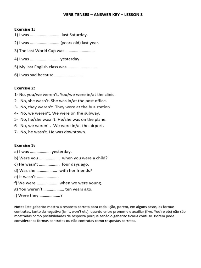 Verb Tenses - Answer Key - Lesson 3 | PDF