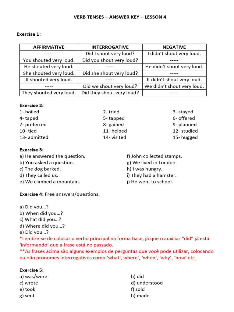 Verb Tenses - Answer Key - Lesson 4 | PDF | Question | Linguistic Morphology