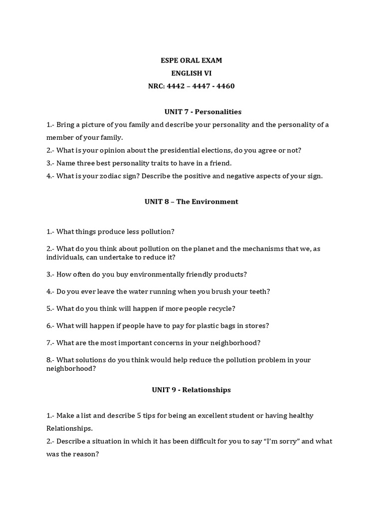 Oral Test English VI | PDF