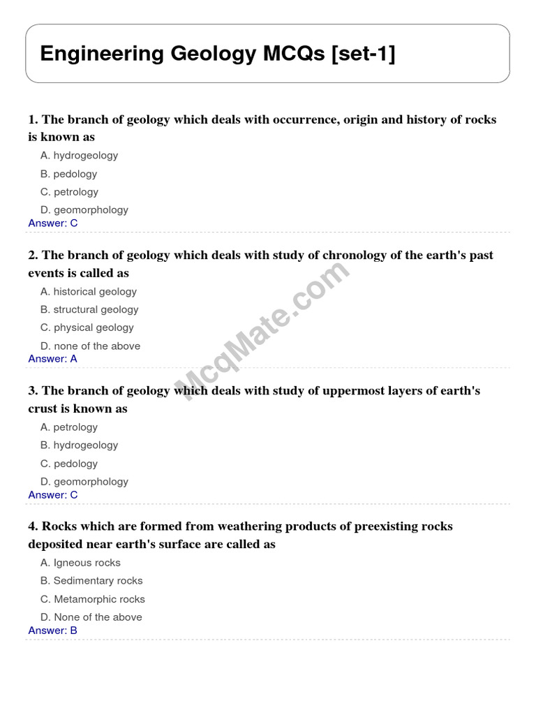Engineering Geology MCQs Set-1 | PDF | Rock (Geology) | Geology