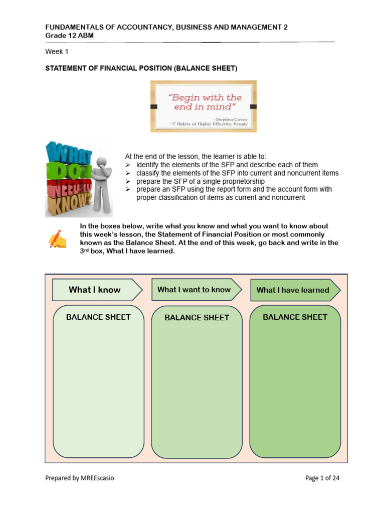 Week 1 Statement of Financial Position Balance Sheet | PDF | Balance ...