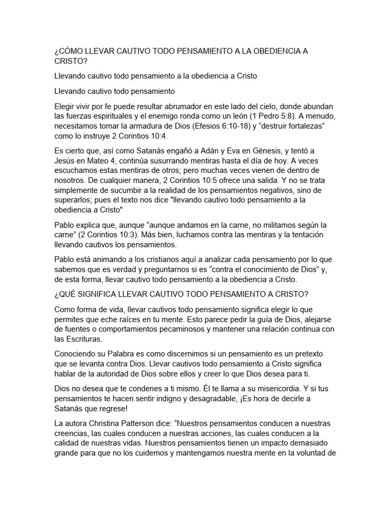 Cómo Llevar Cautivo Todo Pensamiento A La Obediencia A Cristo Sermon | Descargar gratis PDF ...
