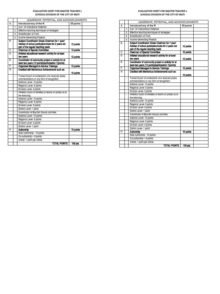 Master Teacher 1 Evaluation Criteria | PDF