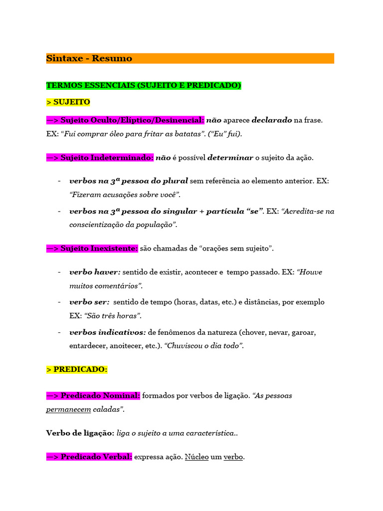 Sintaxe - Resumo | PDF | Assunto (gramática) | Gramática