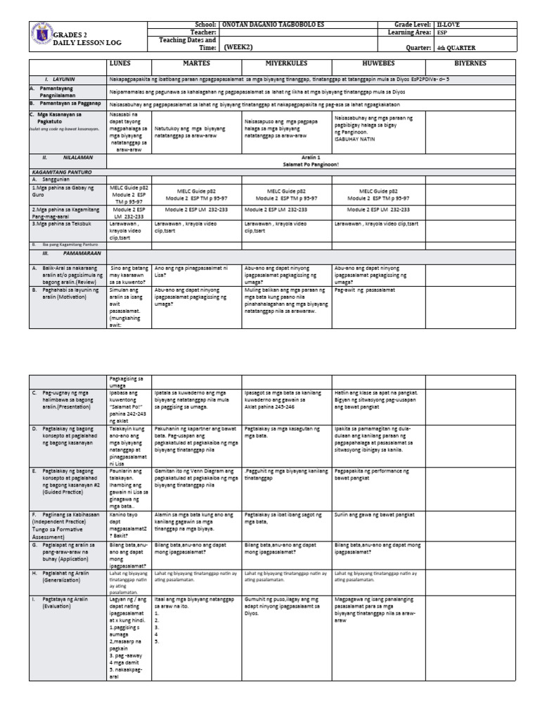 DLL All SUBJECTS-G2 Q4 WEEK2 | PDF