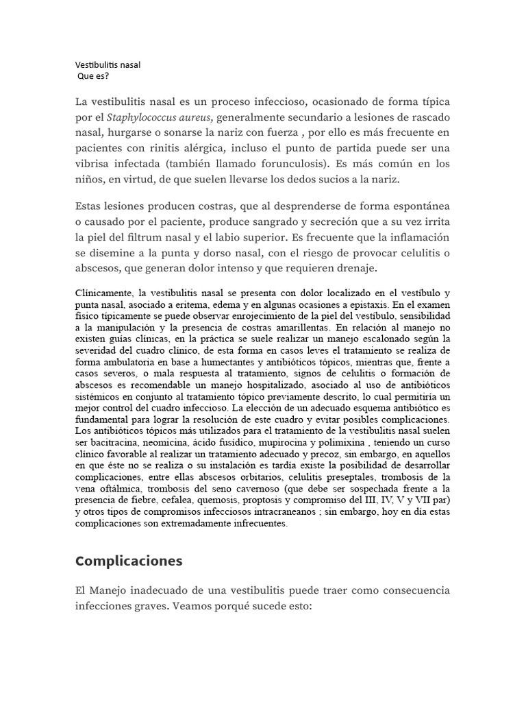 Tratamiento y síntomas de vestibulitis nasal | PDF | Ciencias de la ...