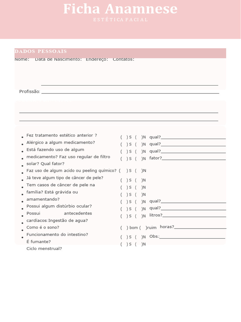 Ficha Anamnese Estética Facial Feminina Rosa e Branco Documento A4526 ...