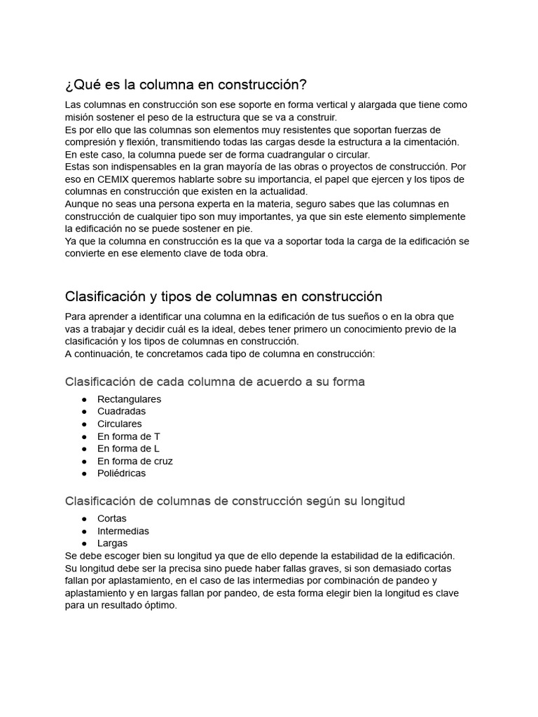Tipos y funciones de columnas en construcción | PDF | Hormigón ...