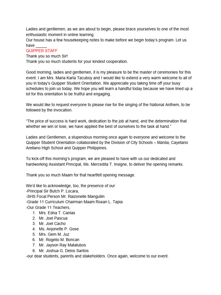 Quipper Orientation Script | PDF