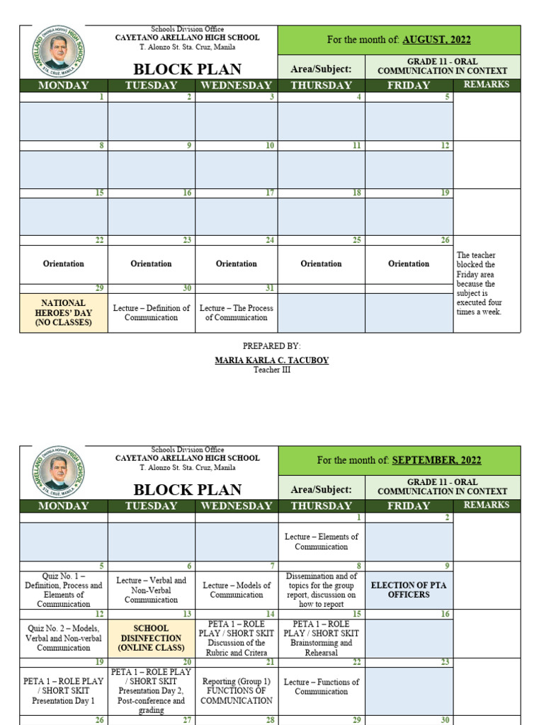 Block Plan ENGLISH | PDF | Lecture | Communication