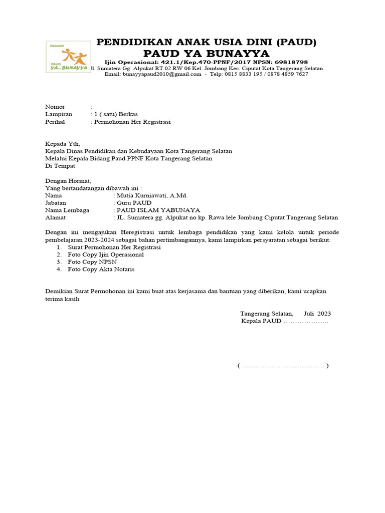 CONTOH Surat Permohonan Her Registrasi | PDF