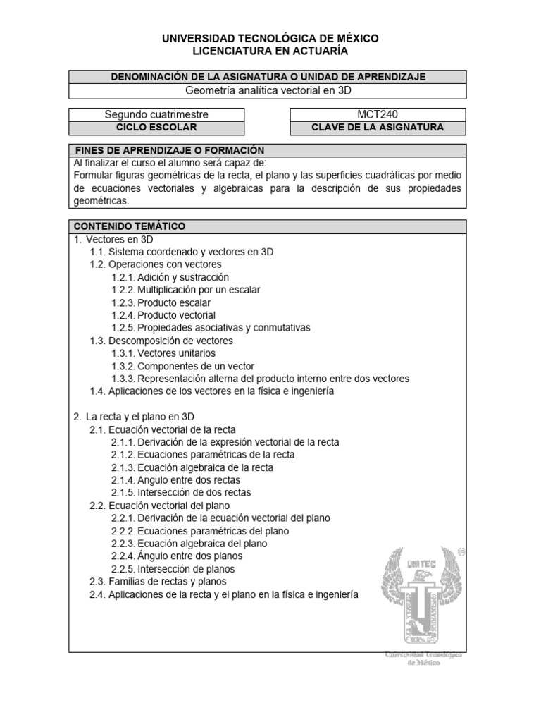 Geometría Analit Vectorial 3D TEMARIO | PDF | Vector Euclidiano ...