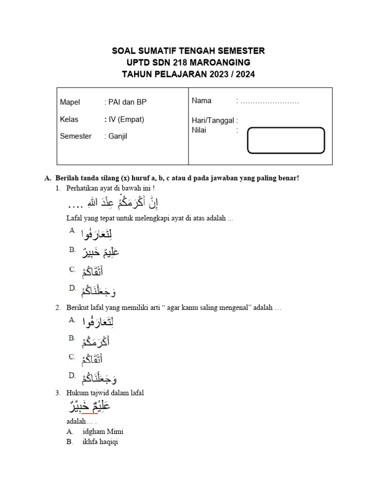 Soal STS 1 Pai Kelas 4 | PDF | Agama & Spiritualitas