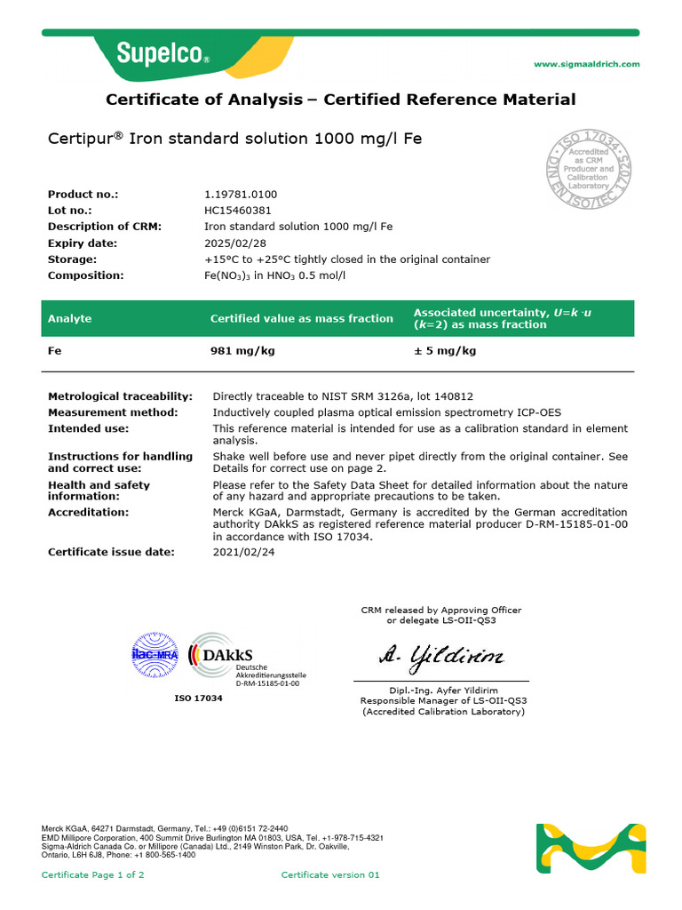 Certificate of Analysis - Certified Reference Material: Certipur Iron Standard Solution 1000 MG ...