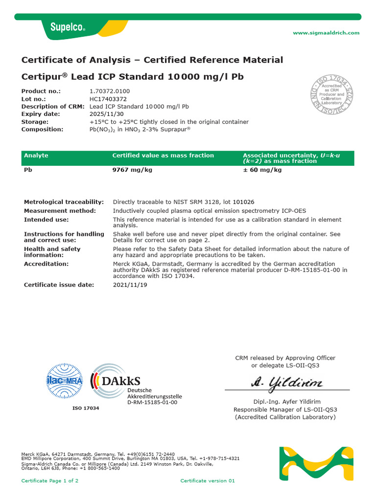 Certificate of Analysis - Certified Reference Material Certipur Lead ICP Standard 10 000 MG/L PB ...
