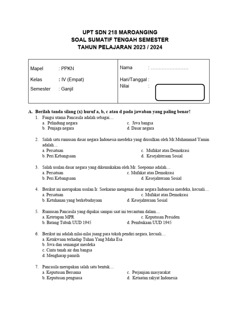 Soal STS 1 PPKN Kelas 4 | PDF