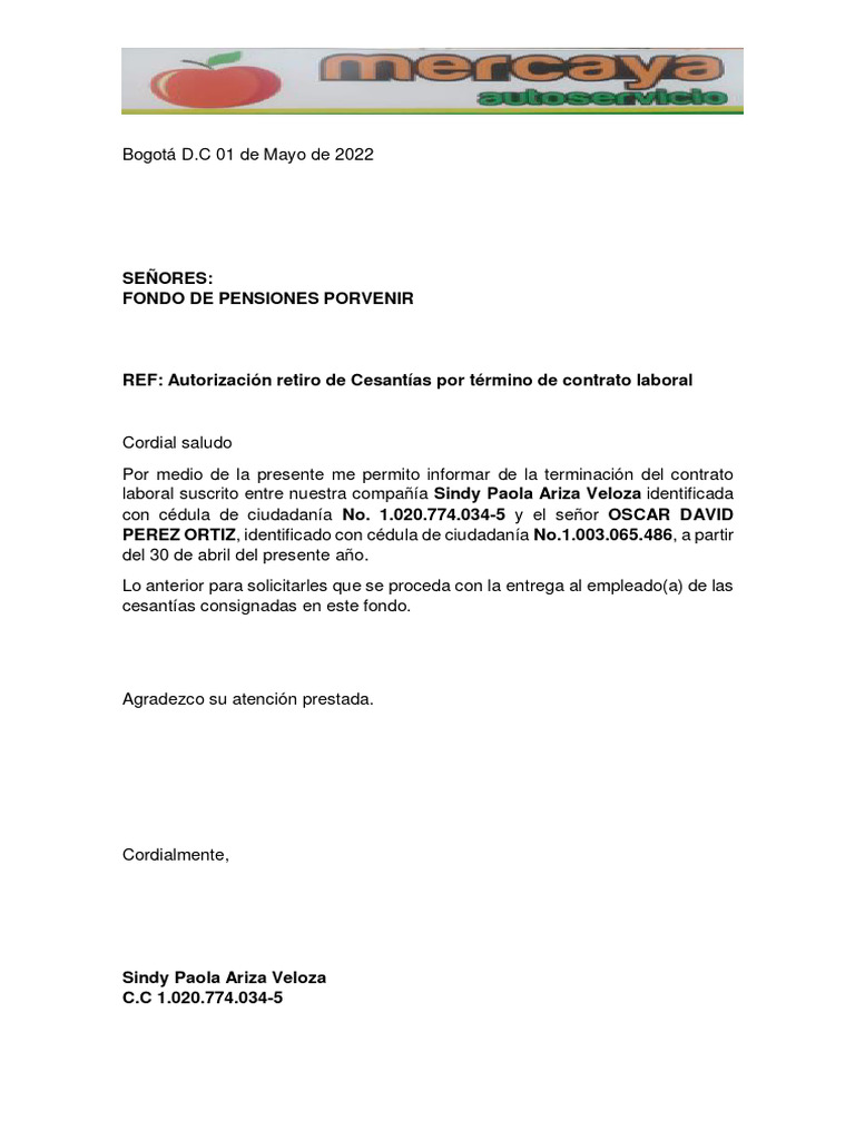 Carta Retiro de Cesantias | PDF