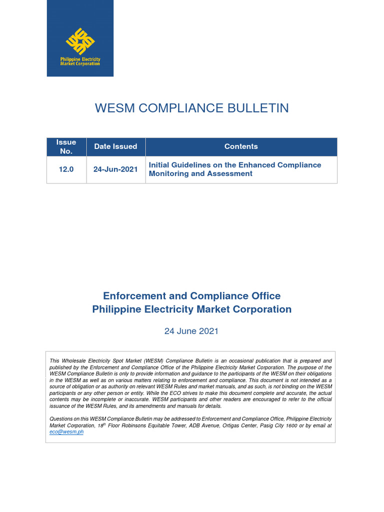 WESM Compliance Bulletin 12.0 Initial Guidelines On Enhanced CMA ...