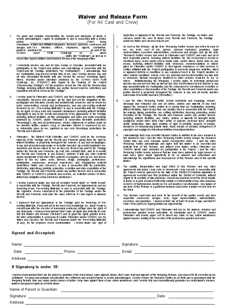 Waiver and Release Form: (For All Cast and Crew) | PDF | Common Law ...