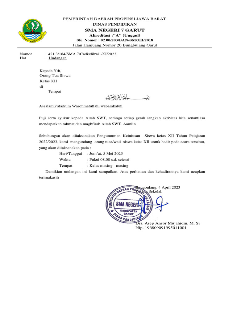 Surat Undangan Ortu Kelulusan Kls 12 2223 | PDF