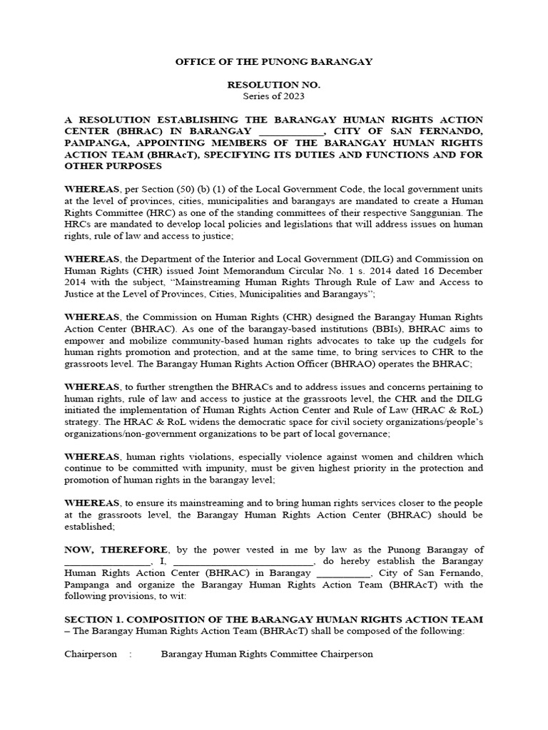 Barangay Resolution BHRAC | PDF | Human Rights | Rule Of Law