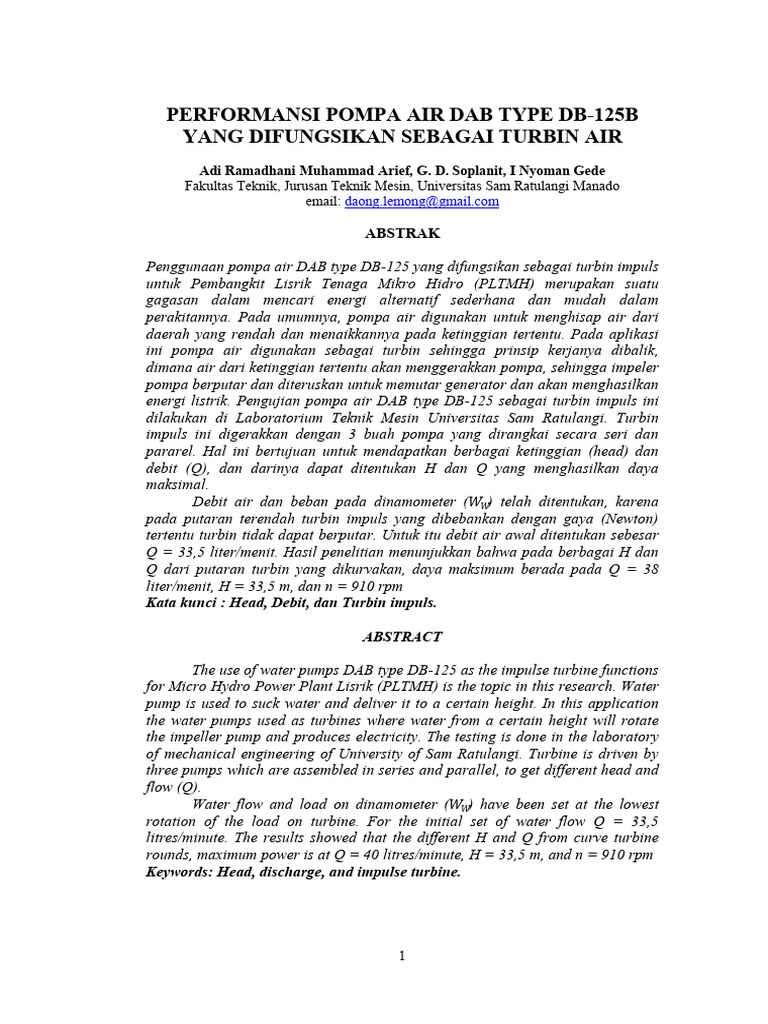 Performansi Pompa Air Dab Type Db-125B Yang Difungsikan Sebagai Turbin Air | PDF