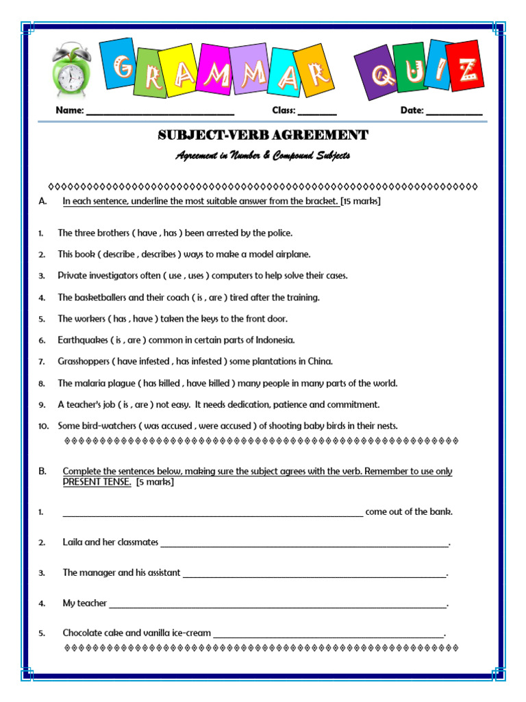 Subject Verb Agreement Review | PDF | Syntax | Grammar