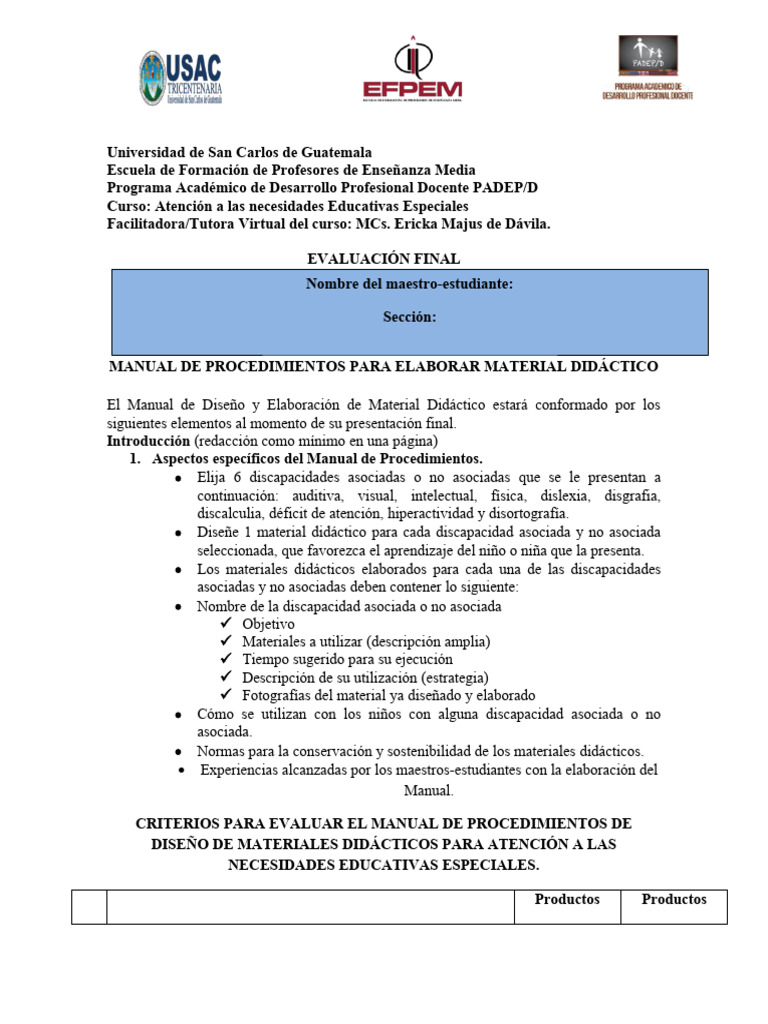 Eval. Final Manual de Procedimientos para Elaborar Material Didáctico Anee | PDF | Maestros ...