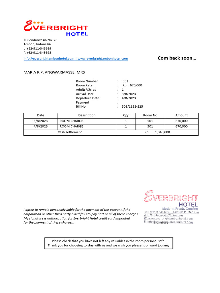 Everbright Hotel Bill Example | PDF