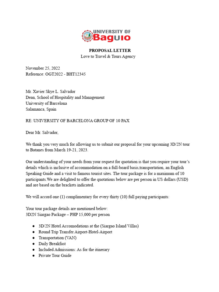 Tour Proposal Letter - LOMBOY | PDF