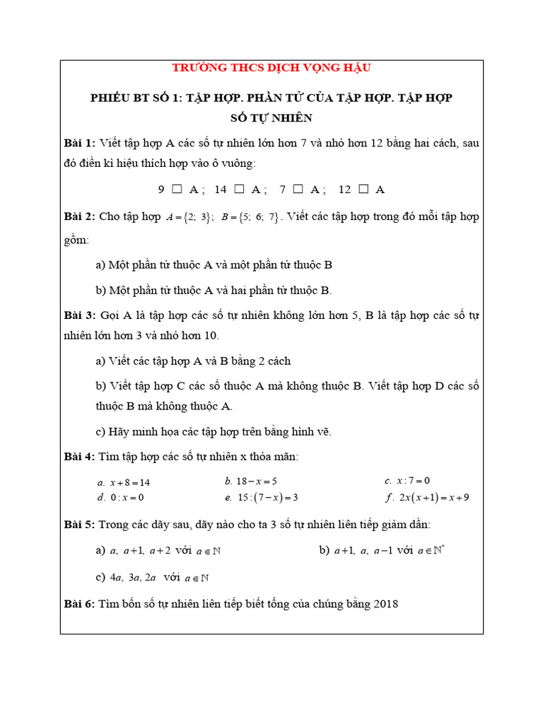 Toan 6 - Full Phieu Bai Tap - Thcs Dich Vong Hau | PDF