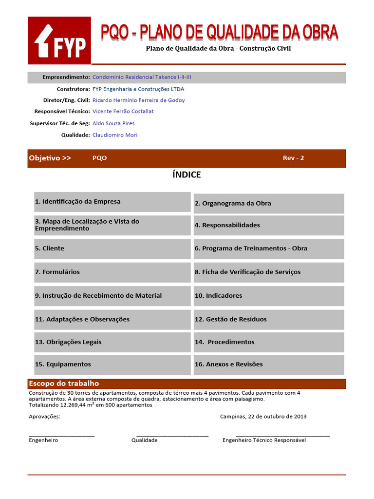 PQO - Plano de Qualidade Da Obra - Takanos | PDF | Desperdício | Argamassa (alvenaria)