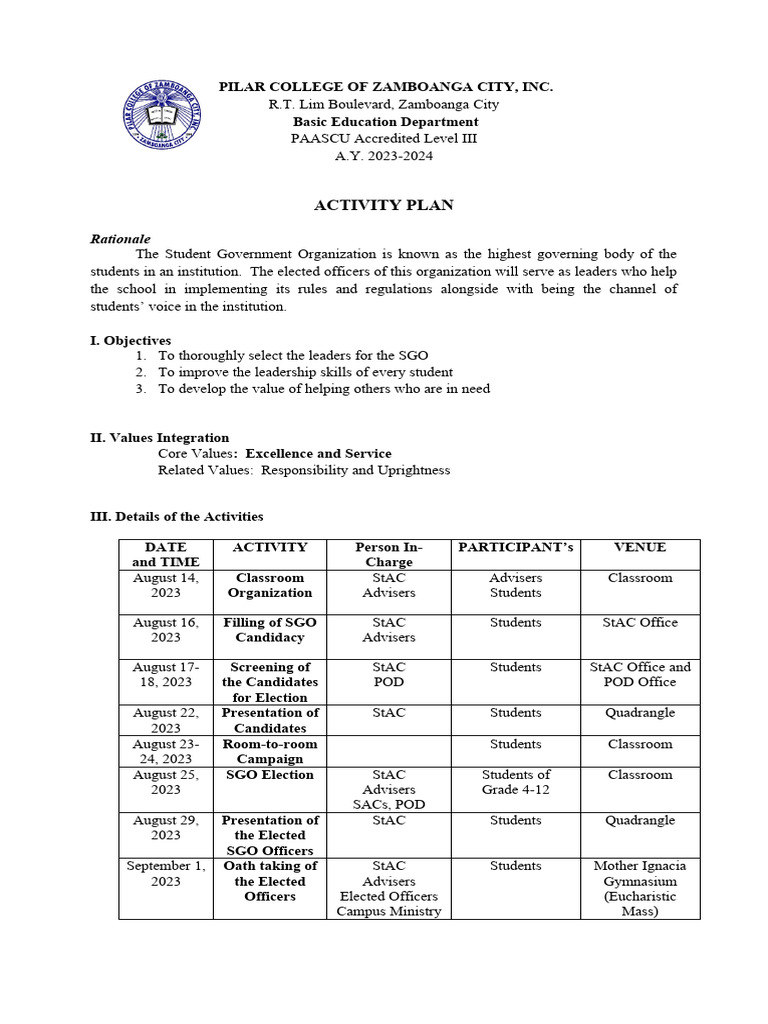 Activity Plan Sgo | PDF