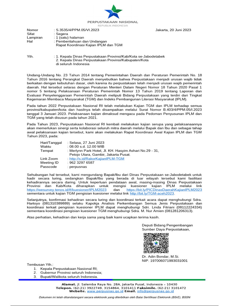 Undangan Rakor Kajian IPLM Dan TGM - Yth. Kadis Seluruh Indonesia | PDF