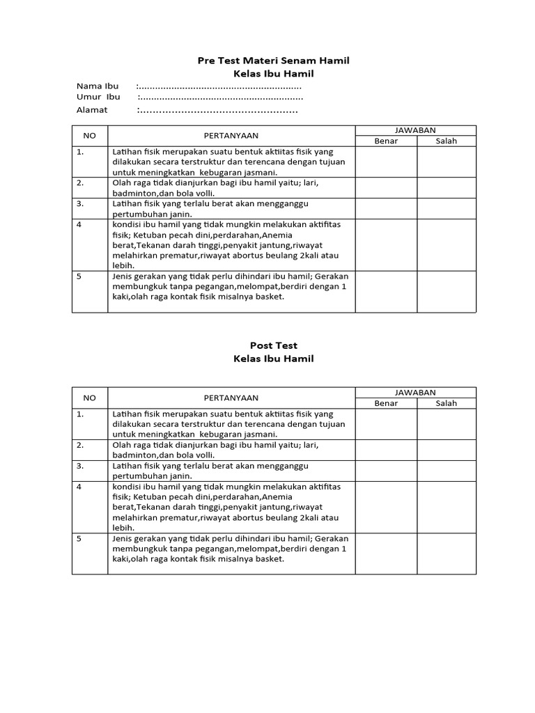 Pre Post Test Kls Ibu Hamil 2023 | PDF