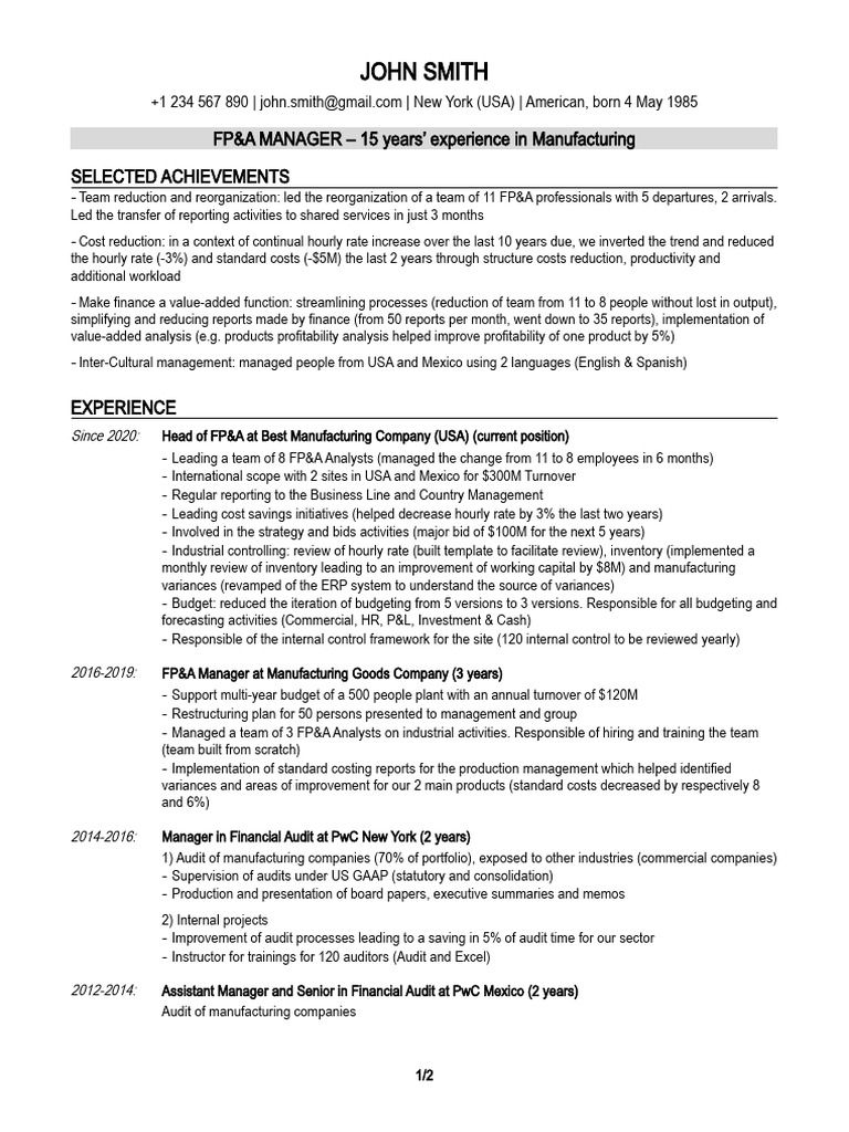 CV Fpa Manager Template | PDF | Financial Analyst | Financial Audit