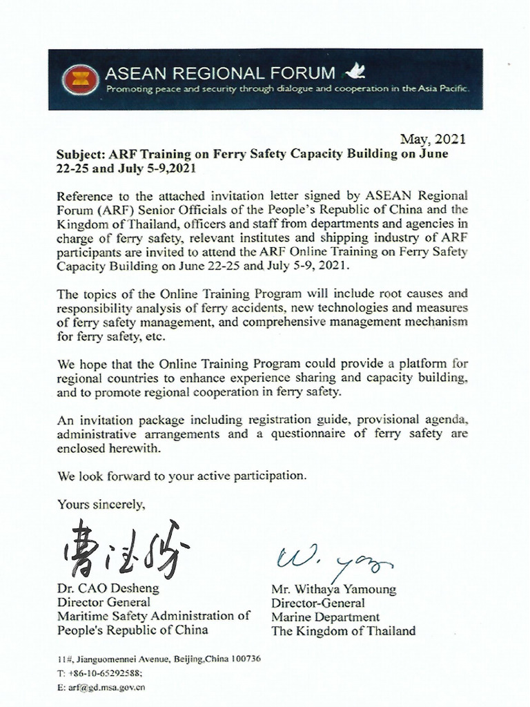 Invitation Letter For ARF Training On Ferry Safety Capacity Building | PDF