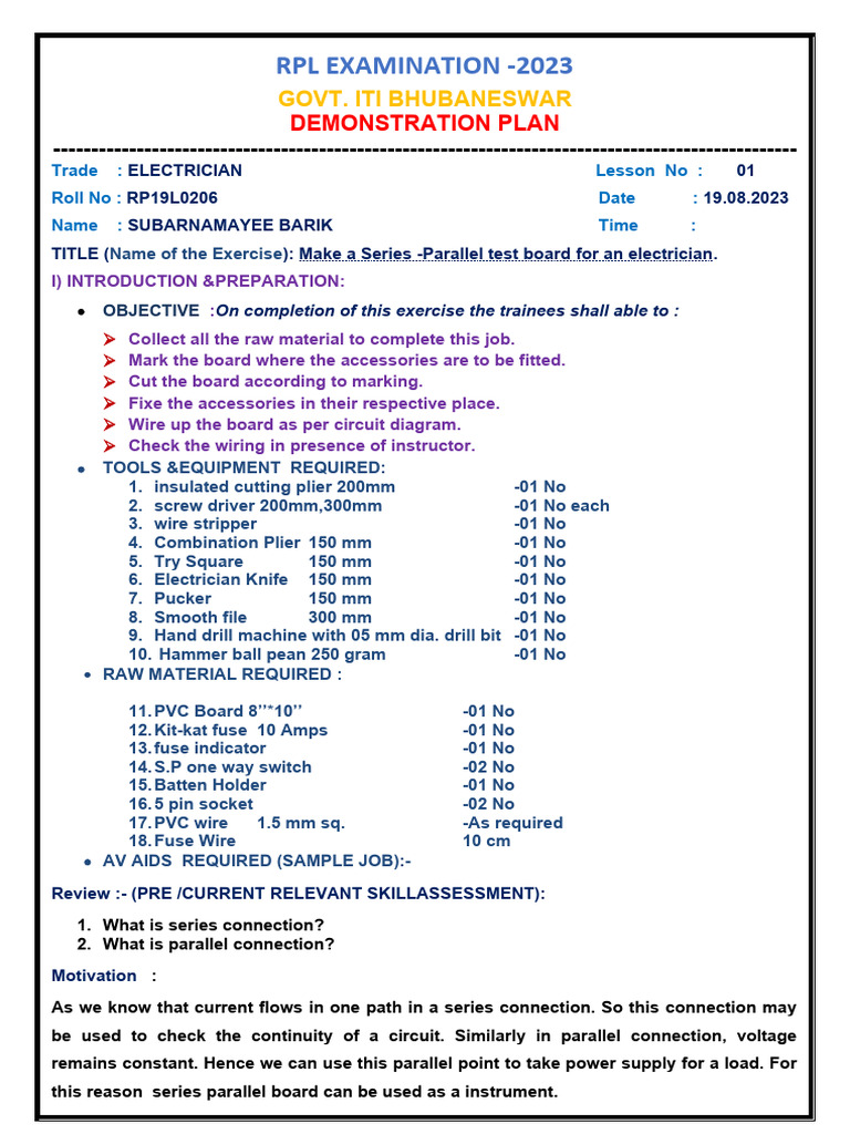 Sima Demonstration Plan For RPL Exam | PDF | Series And Parallel Circuits | Manufactured Goods