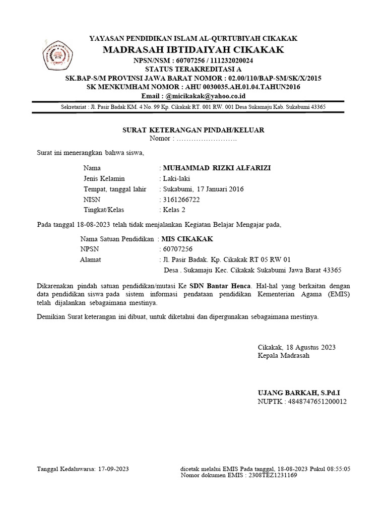 Surat Mutasi Muhammad - Rizki - Alfarizi | PDF