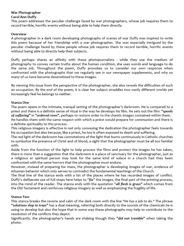 War Photographer (Summary, Analysis & Themes) | PDF | Poetry
