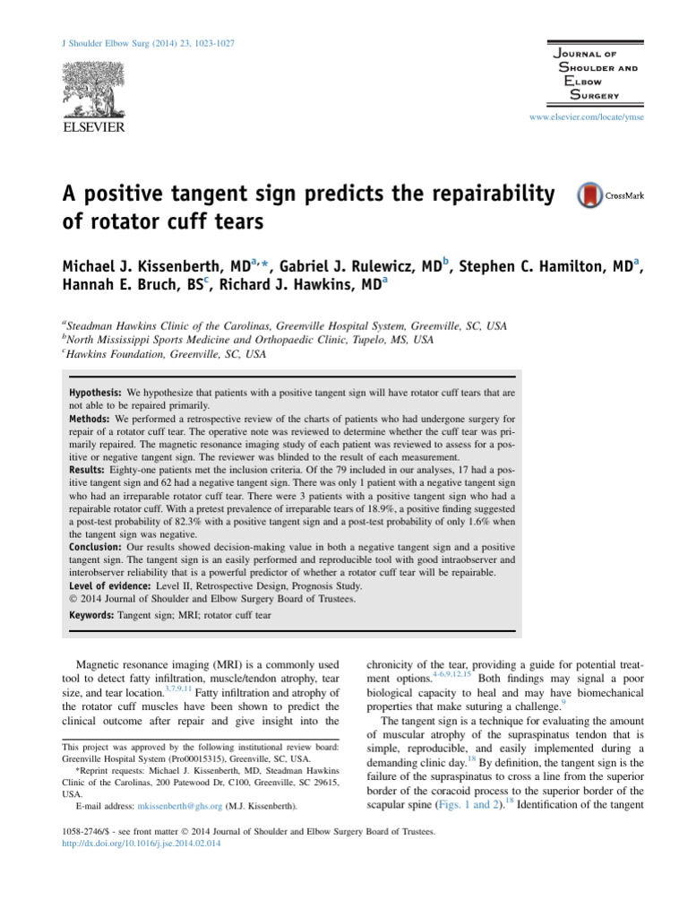 15 A Positive Tangent Sign Predicts The Repairability of Rotator Cuff ...