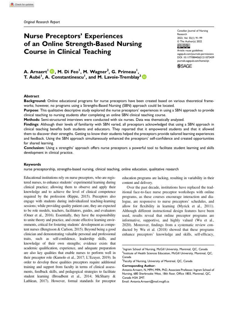 Arnaert Et Al 2022 Nurse Preceptors Experiences of An Online Strength ...
