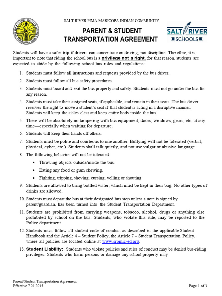 Parent and Student Transportation Agreement | PDF | School Bus | Legal ...