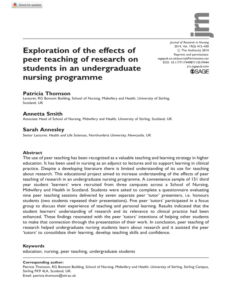 Thomson Et Al 2014 Exploration of The Effects of Peer Teaching of ...