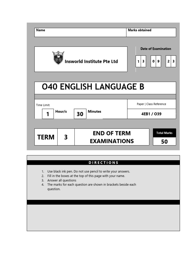 English Language 4EB1 - Term 3 Test | PDF | Fish | Intelligence