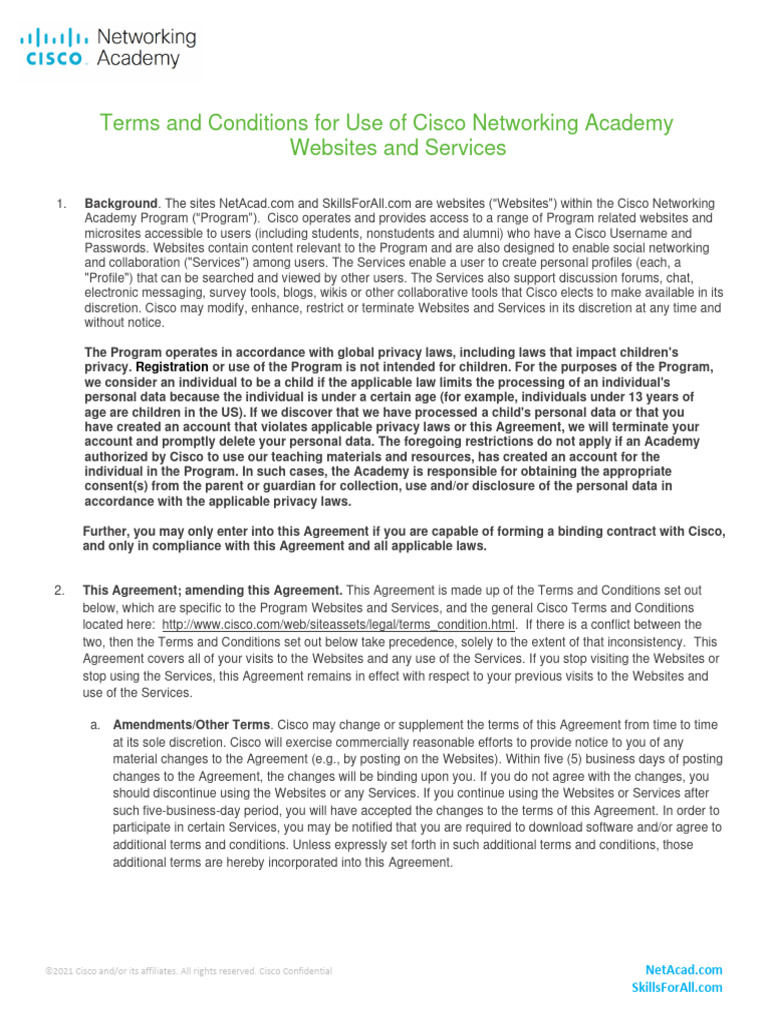 Cisco Networking Academy Terms and Conditions Oct 2021 English | PDF ...