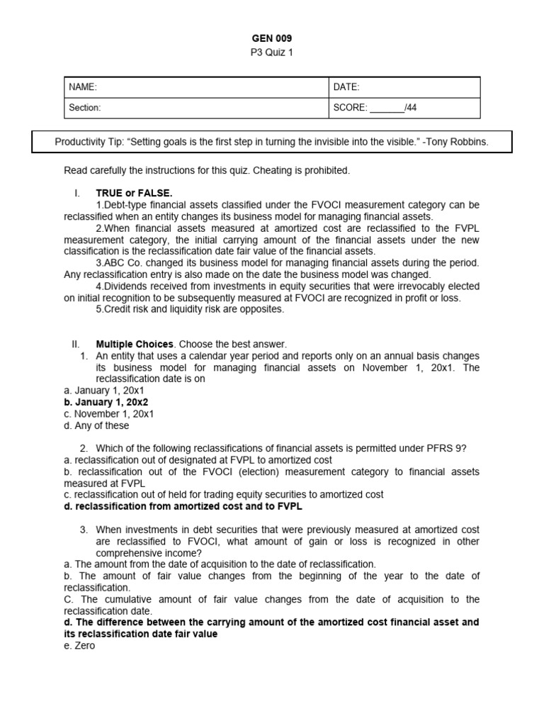 GEN 009 P3 Quiz 1 With KEY ANSWERS | PDF | Dividend | Fair Value