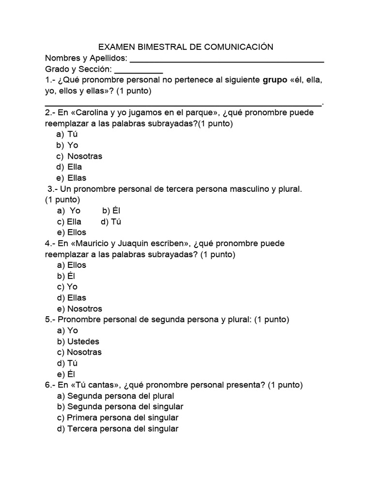 Examen Bimestral de Comunicación | PDF | Unidades Semánticas | Mecánica del lenguaje