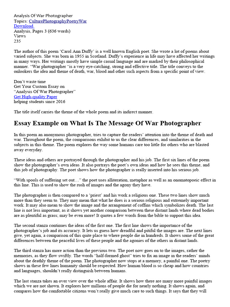 Analysis of War Photographer | PDF | Poetry | Ghosts