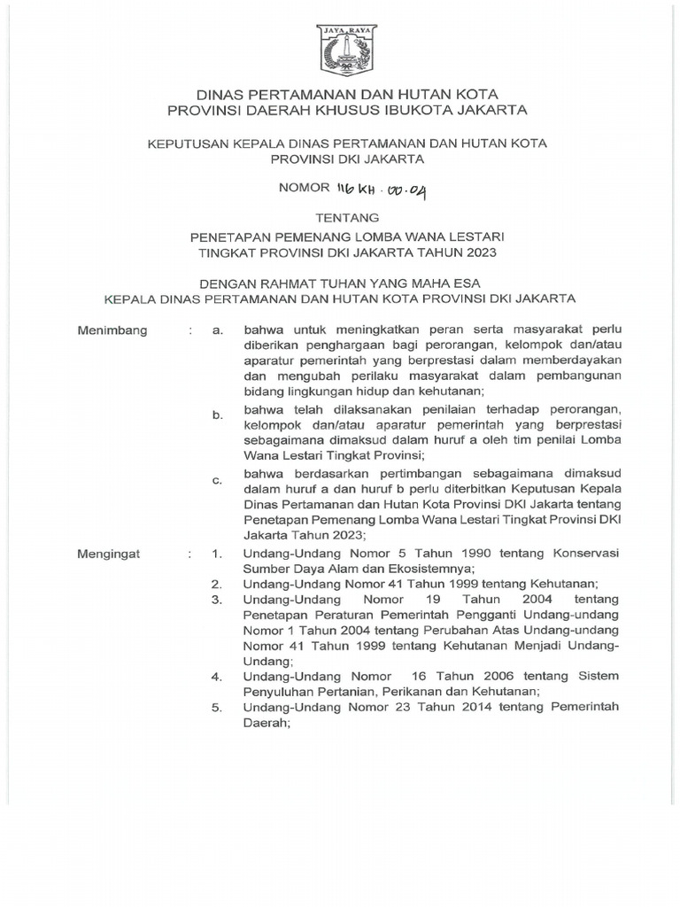 SK Kadis Pemenang Lomba Wana Lestari DKI Jakarta 2023 | PDF